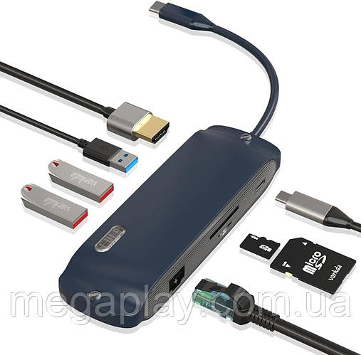 USB C хаб, адаптер USB C 8-в-1 з гігабітним RJ45 Ethernet, 3 x USB, 4K HDMI 100 Вт PD та SD/TF ...