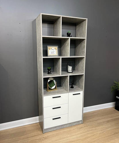 Книжный шкаф-стеллаж с полками и ящиками h196*80*35 см серый с белым ...