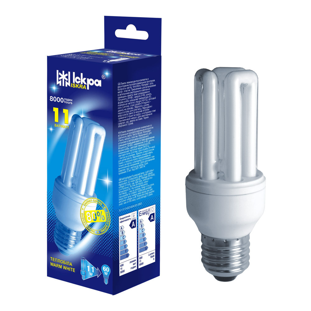 Лампа компактная люминесцентная ИСКРА КЛЛ 3U 11W 3000К Е27, теплый ...