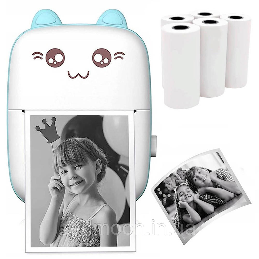 Мини принтер с термобумагой (5шт), Голубой / Термопринтер детский ...