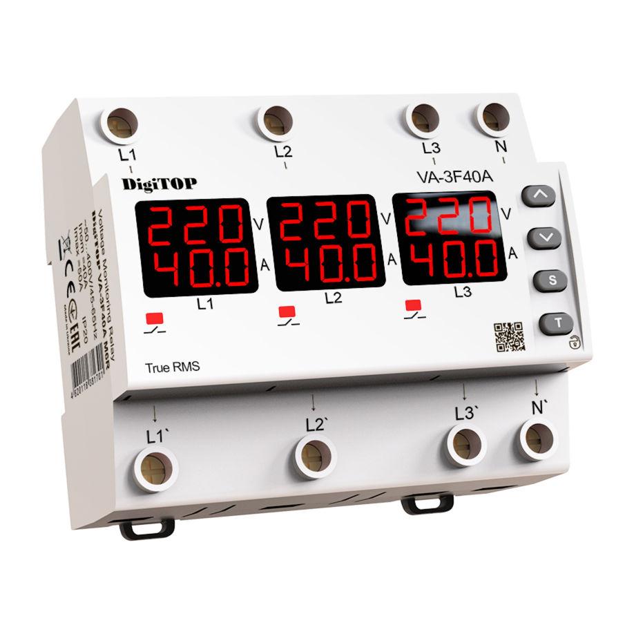 Трифазне реле напруги DigiTOP VA-3F40A M6R з контролем струму DigiTOP ...