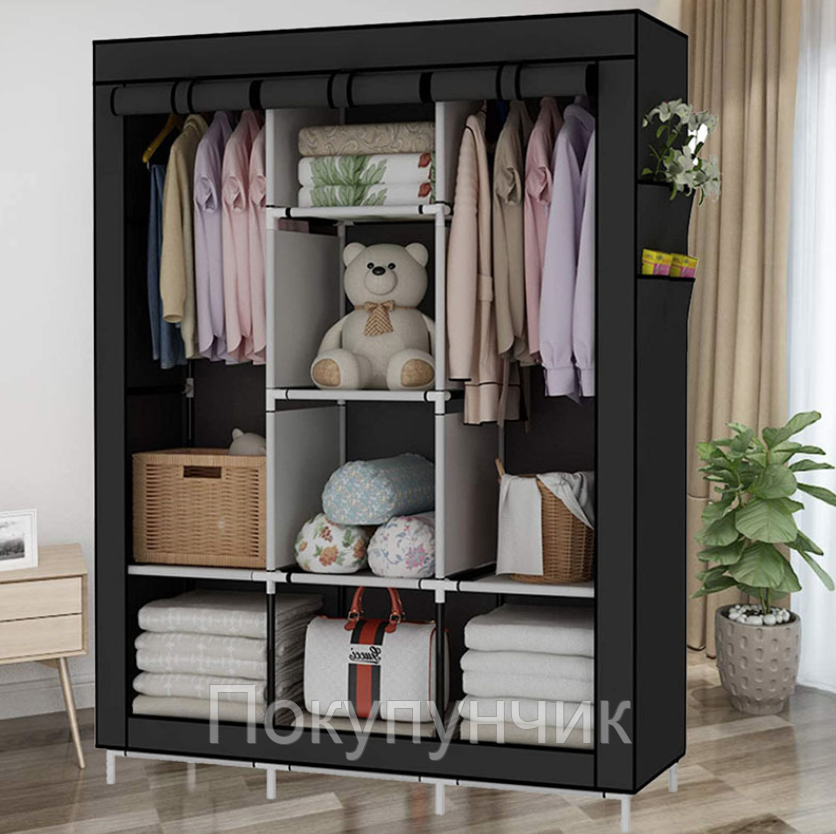 Каркасна тканинна шафа для одягу Hcx Storage Wardrobe 88130 на 3 секції Чорний Pl Id 2244472011