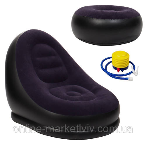 Надувний диван з пуфом та насосом 116х98х83см, Air Sofa, Фіолетовий / Надувне велюрове крісло ...