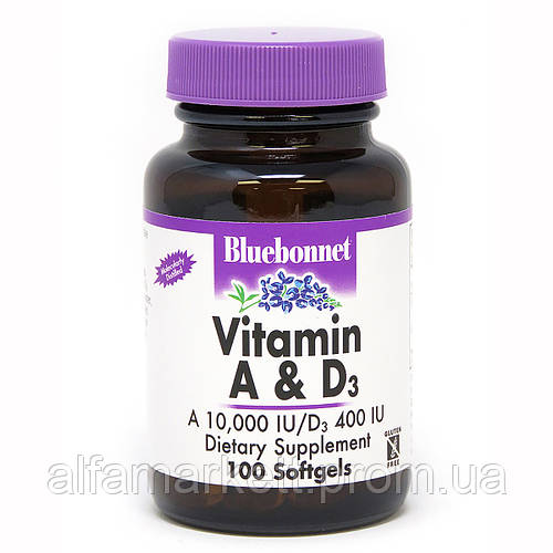 Витамин А и D3 10 000 IU 400 IU, Bluebonnet Nutrition, 100 желатиновых ...