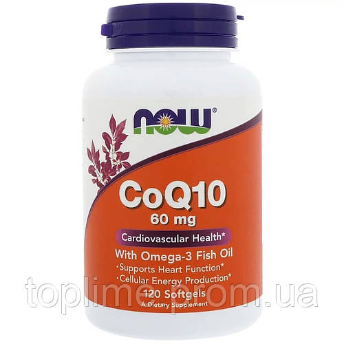 Коензим Q10 з Риб'ячим Жиром, CoQ10 with Omega-3, Now Foods, 60 мг, 120 гелевих капсул TM, код ...