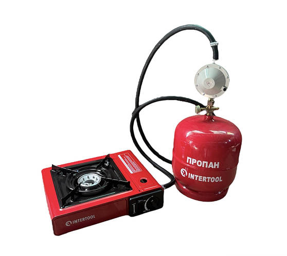 Газова однокомфорочна плита Intertool GS-0001 + Балон InterTool 5л + редуктор зі шлангом ...