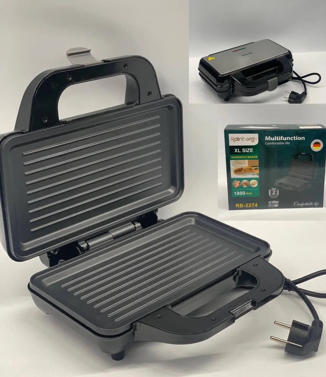 Прижимной контактный домашний электрический гриль Rainberg RB-2274 с антипригарным покрытием ...
