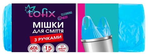 Сміттєвий пакет ТМ "Tofix" 60л.*15шт. З РУЧКАМИ , (570*800, 17 мкм ) ящ ...