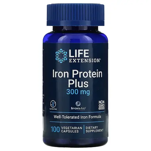 Life Extension, Iron Protein Plus, 300 мг, 100 вегетаріанських капсул ...