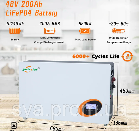 Аккумулятор 10 кВт-ч jsdsolar 48V 200Ah LiFePO4 6000+ циклов заряда для ...