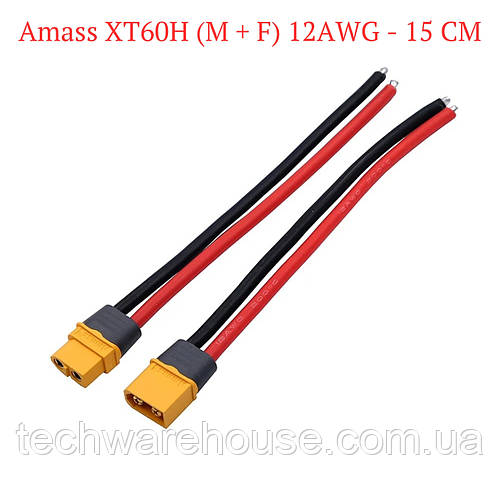 Комплект конекторів Amass XT60H-M 60A (тато) + XT60H-F 60A (мама) з кабелем 12AWG - 15 см (ID ...