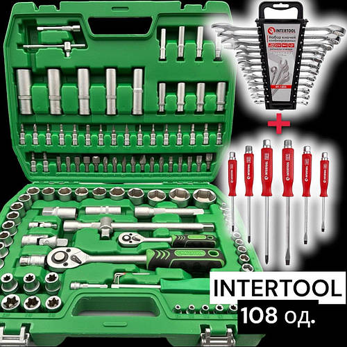 Акционный автомобильный набор инструментов INTERTOOL 108 ед. ET-6108SP + ключи HT-1203 + ударные ...