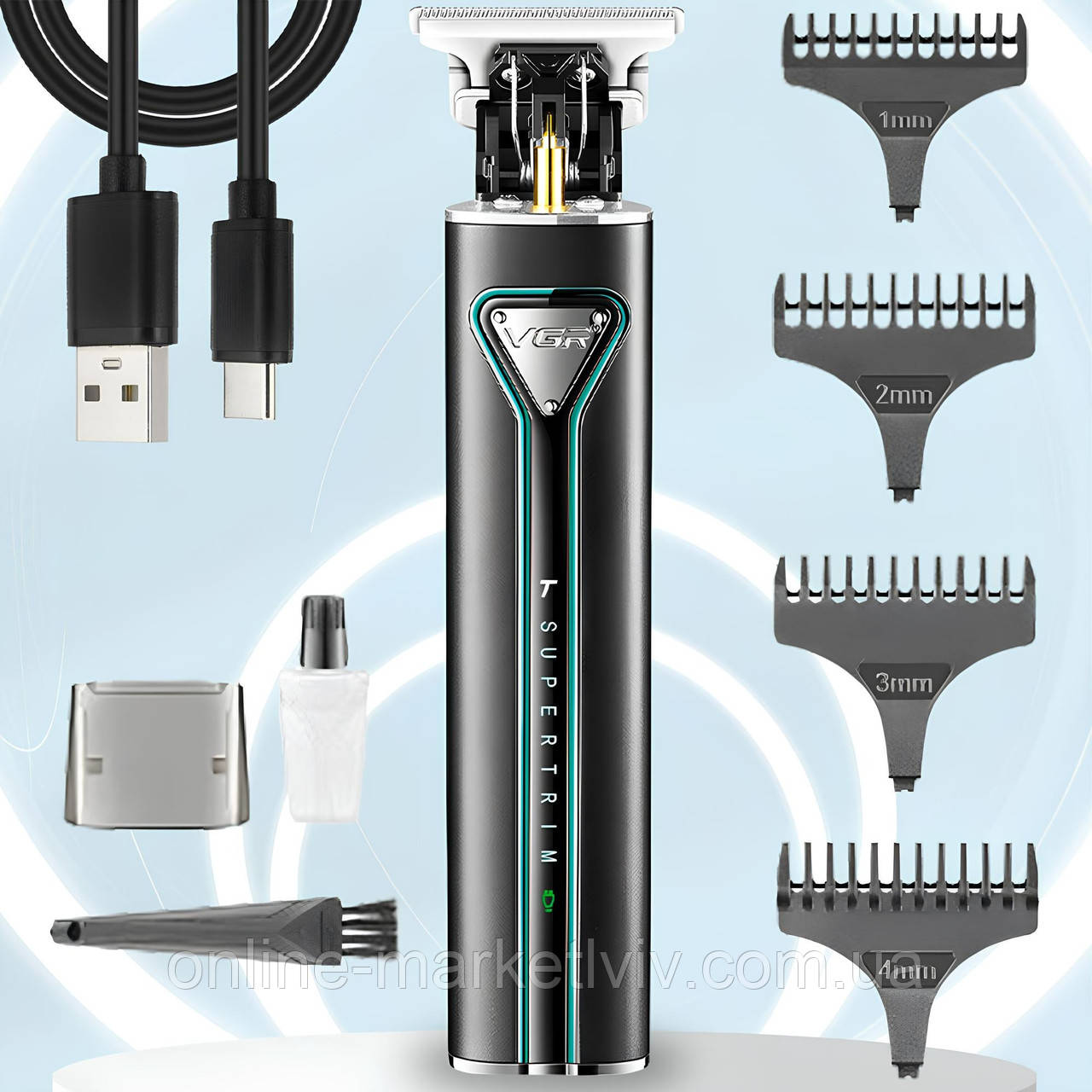 Купить Машинка для стрижки волос с USB, 4 насадки, VGR-009 / Аккумуляторный триммер для бороды ...
