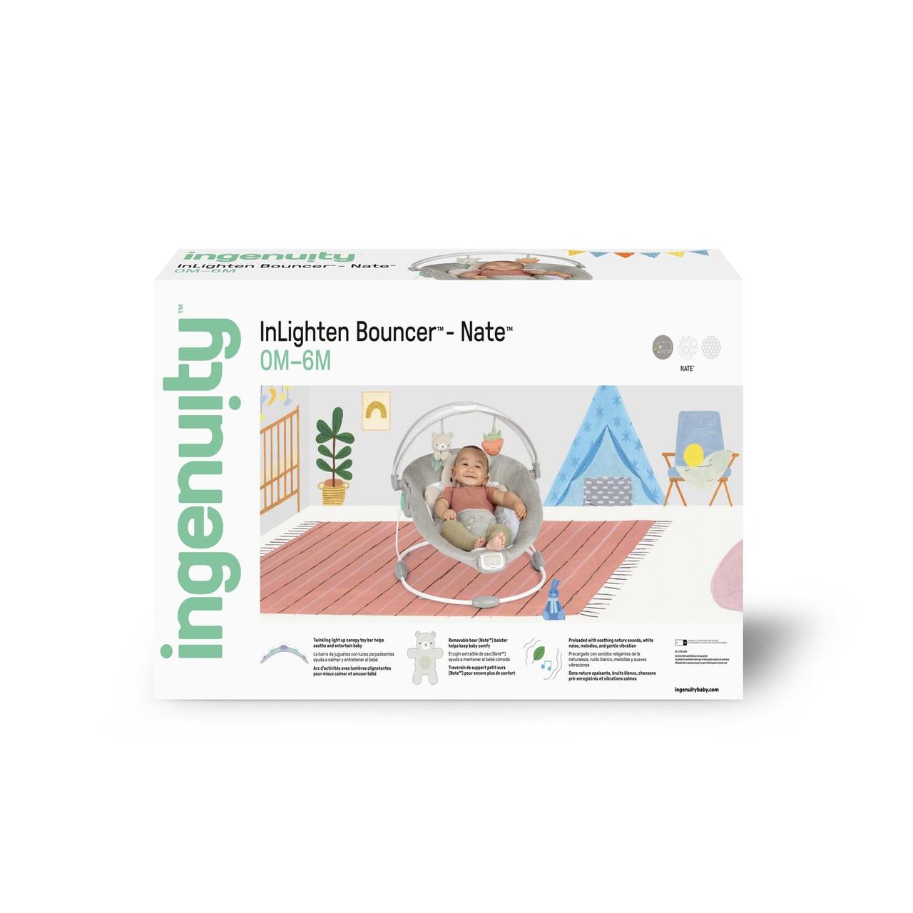 Ingenuity Кресло-шезлонг InLighten Bouncer Nate для новорожденных с звуковыми и световыми ...