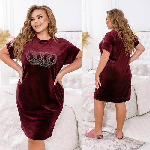 Красива якісна велюрова домашня сукня з короною зі страз великого розміру Id 2307497186 ціна