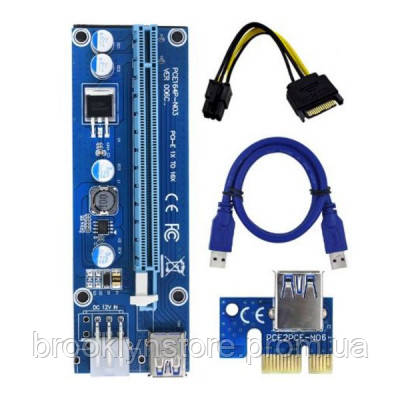 Райзер PCI-E x1 to 16x 60cm USB 3.0 Cable SATA to 6Pin Power v.006C Dynamode RX-riser-006c 6 pin ...