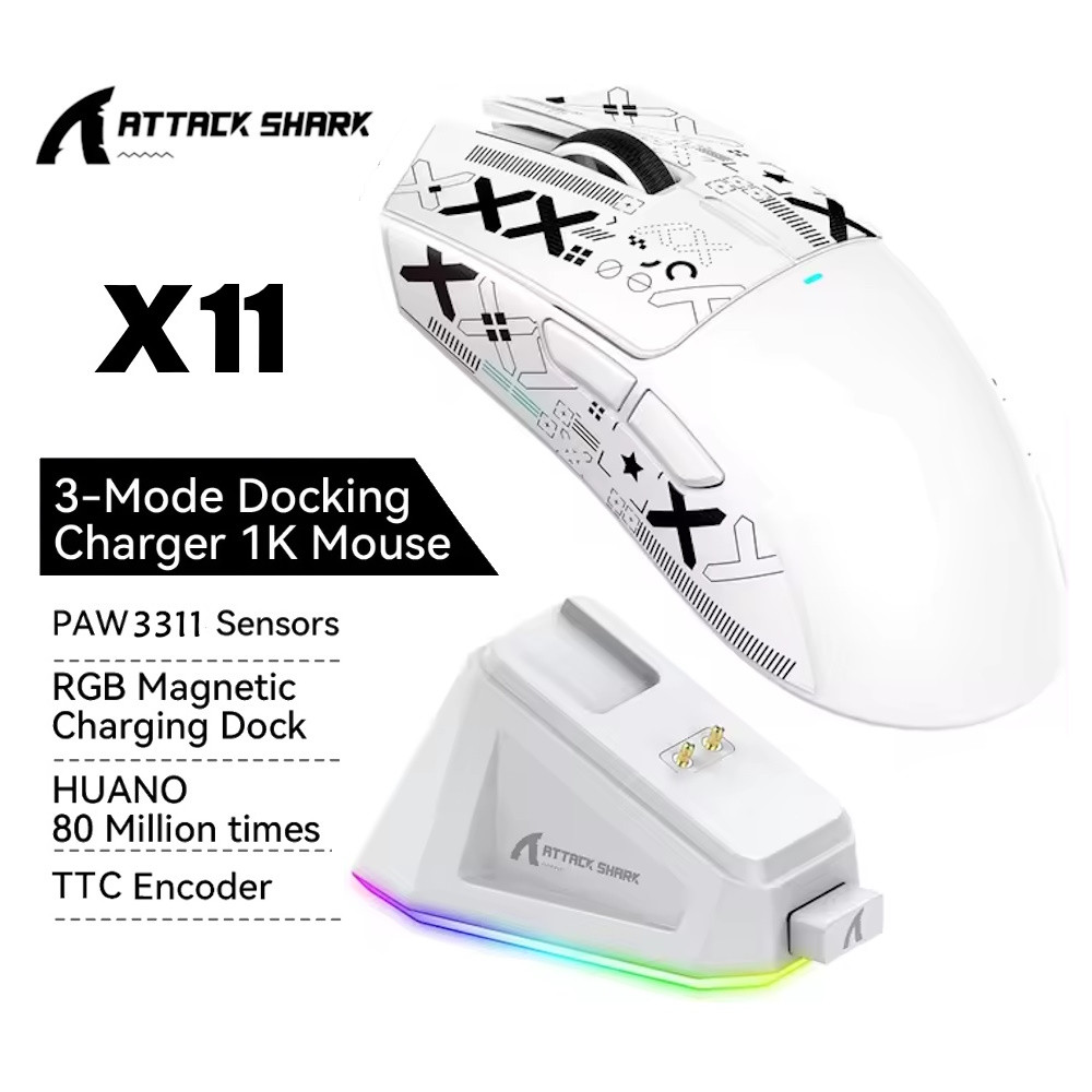 Ігрова мишка Attack Shark X11 White 22000DPI PAM3311 Wireless Bluetooth із зарядною базою, ціна ...