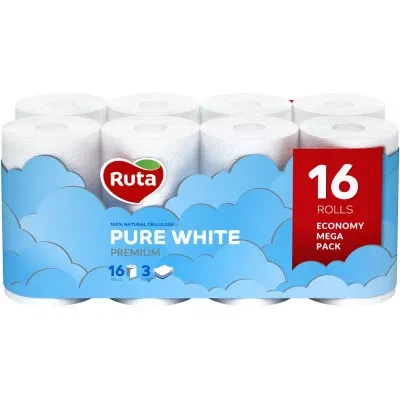 Туалетная бумага Ruta Pure White трехслойная белая 16 рулонов (ID#2323010050), цена: 357 ...