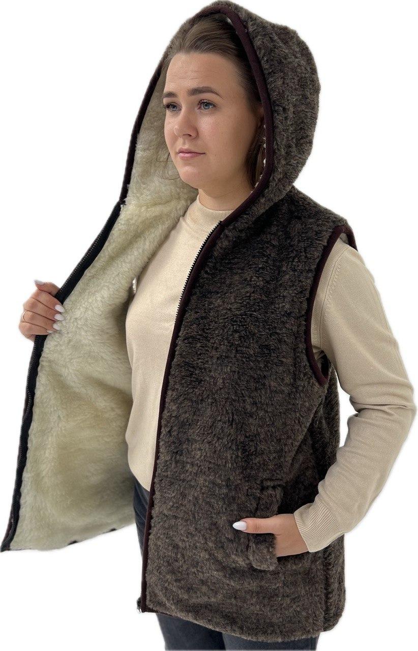 Жилетка-Безрукавка із овчини з капюшоном Коричнева: продаж, ціна у Хмельницькому. Жіночі жилети ...