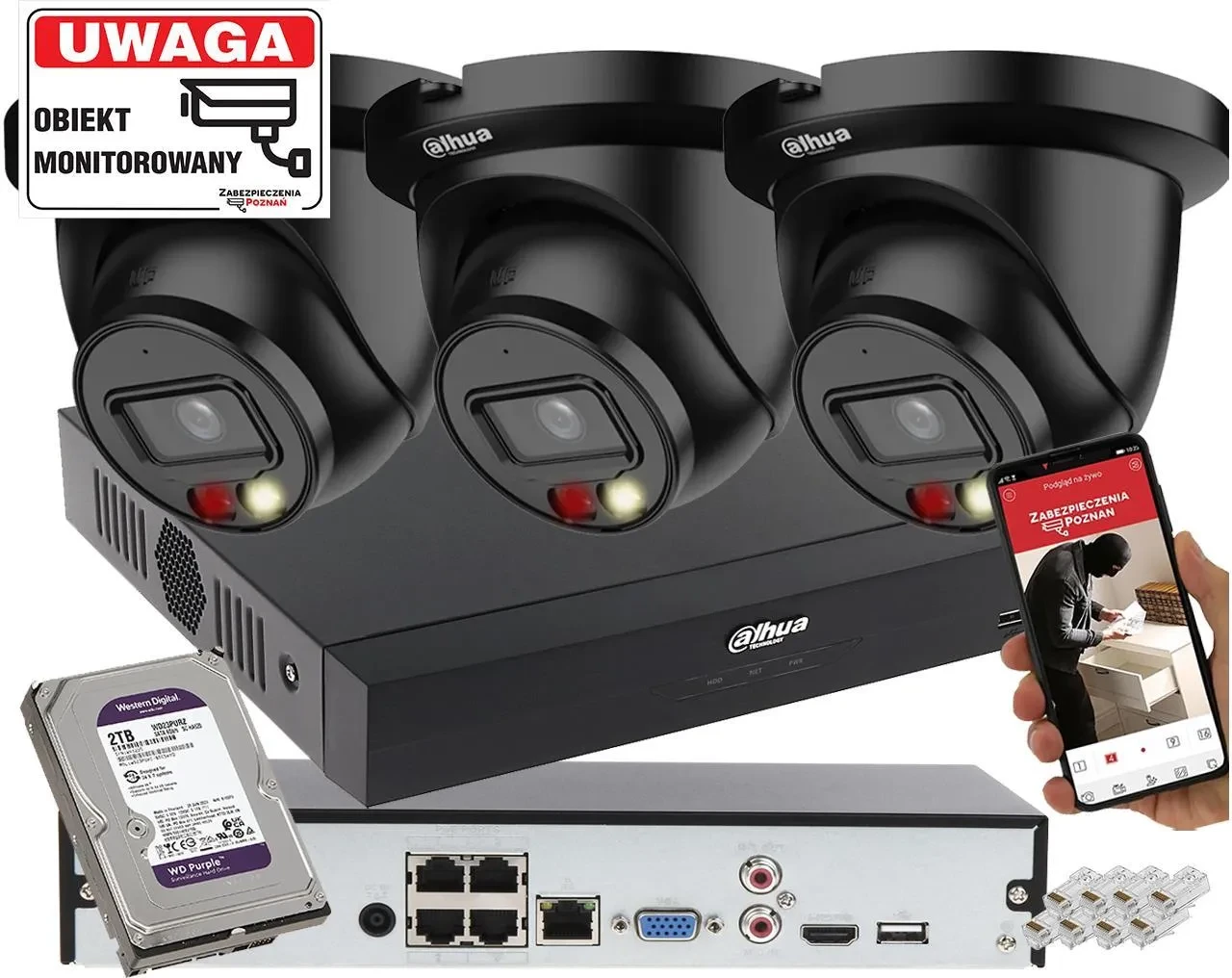 System monitoringu IP 3x Kamera kopułowa Dahua IPC-HDW2849TM-S-IL-0280B ...