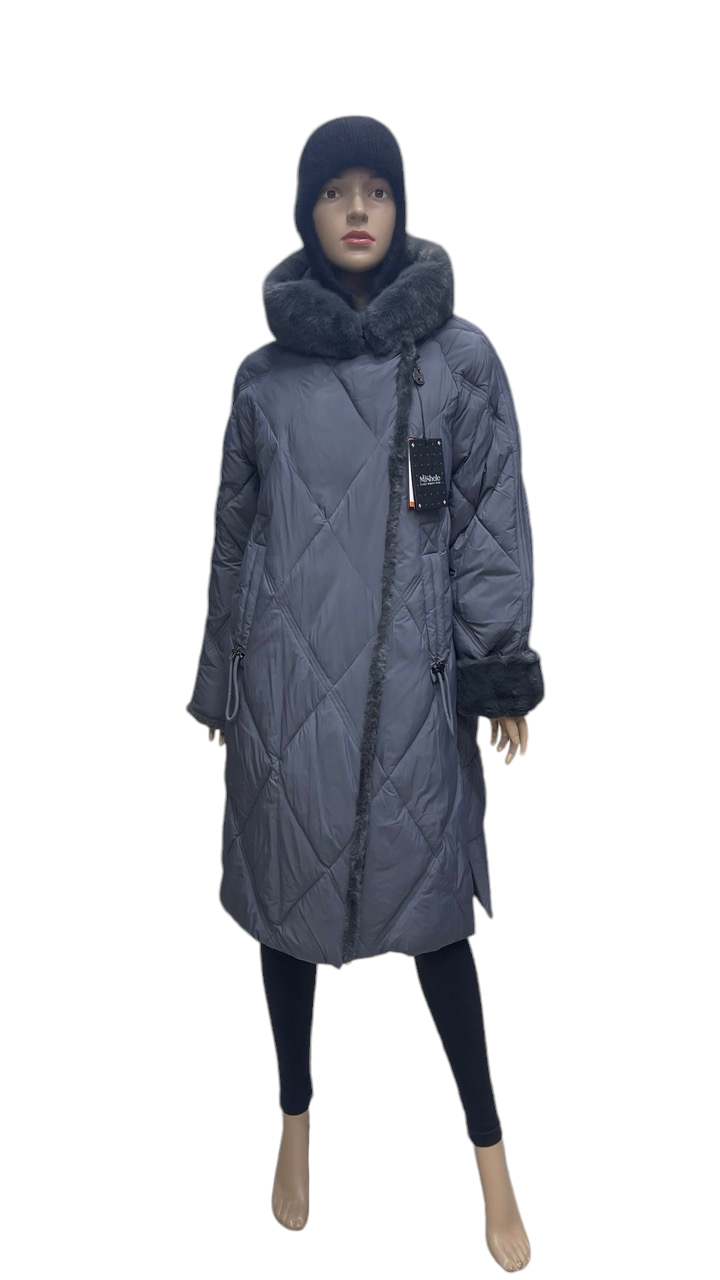 Пуховик Mishele подовжений стьобаний комбінований з екохутром 25406 46-56 сірий (ID#2342663967 ...