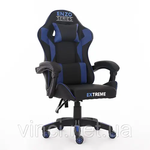 Комп'ютерне крісло ENZO чорно-синє Ігрове спортивне крісло з екошкіри + 2 подушки, ціна 3000 ...