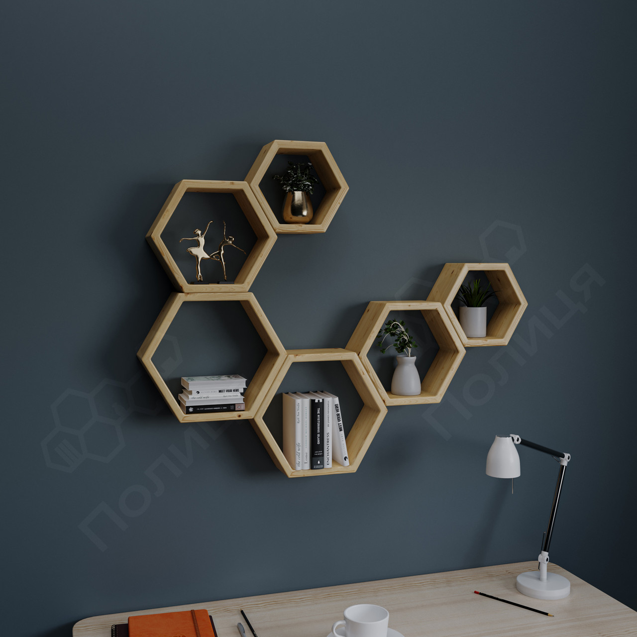 Деревяна полиця із 6 ти сот 84х67см фігурна поличка настінна дерев