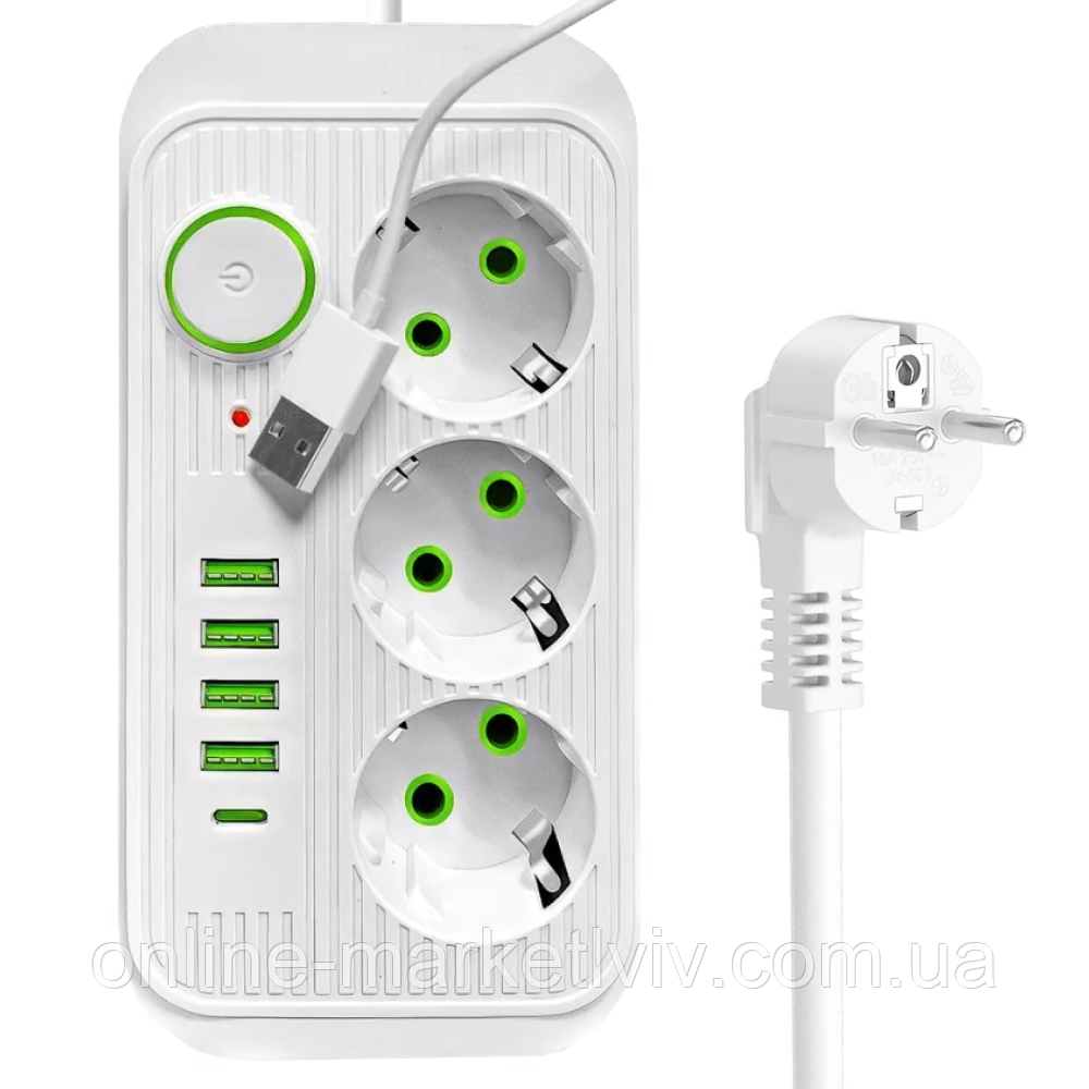 Купить Сетевой фильтр удлинитель 3м, 2500Вт (3×220В+4×USB+1×Type-C), QL ...