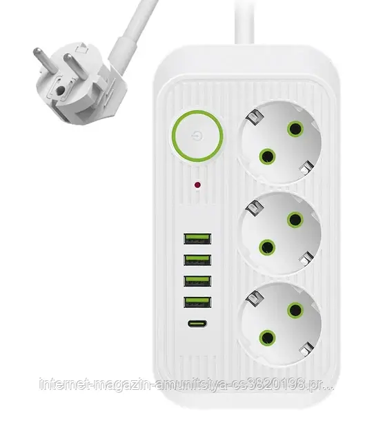 Удлинитель электрический (3×220В+4×USB+1×Type-C), QL-1074U, Белый ...