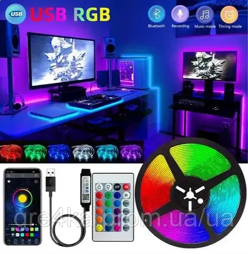 ХИТ! Led-лента RGB 5050 5м USB 5V разноцветная Управление с телефона и ...
