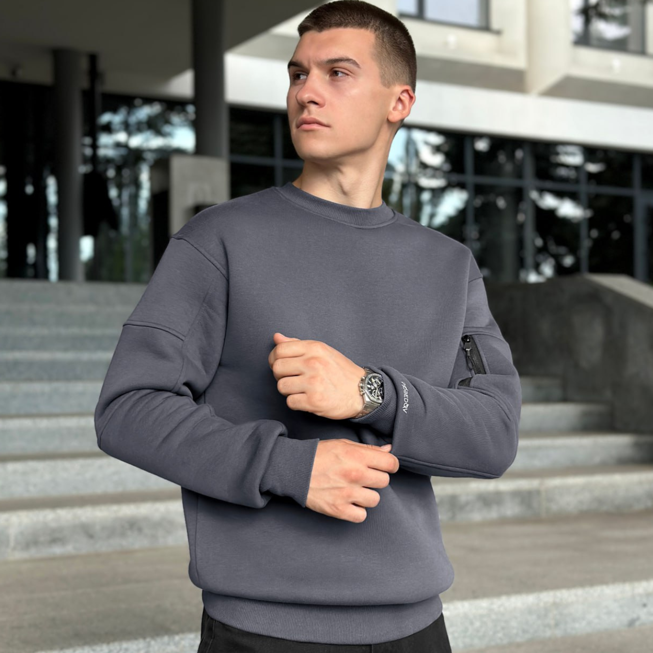 Чоловічий світшот Pobedov теплий модний без капюшона темно-сірий осінь зима (ID#2379654276 ...