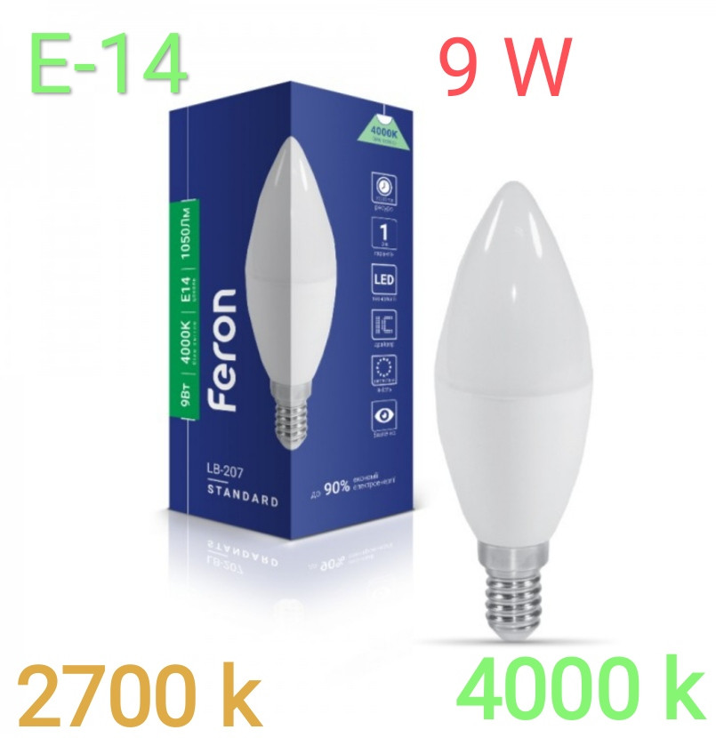 Светодиодная Led лампа Feron LB-207 9w Е14 2700К, 4000К свеча, цена: 62 ...