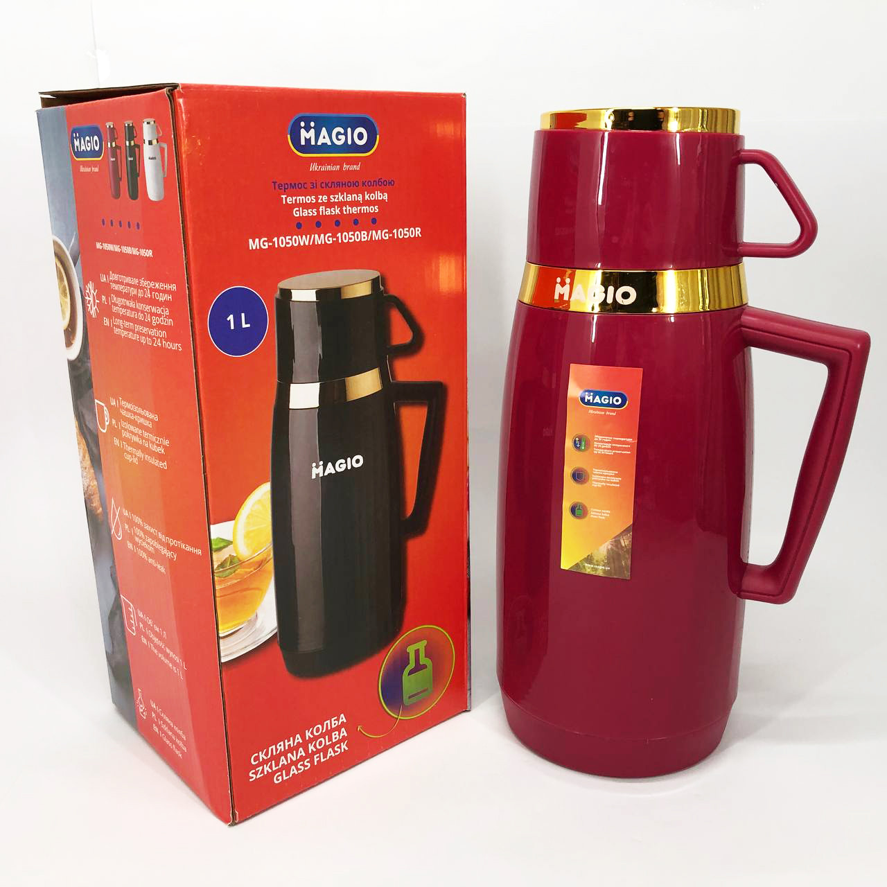 Термос Magio MG-1050R. Емкость 1000 мл, вода горячая до 24 часов, стеклянная колба, корпус из ...