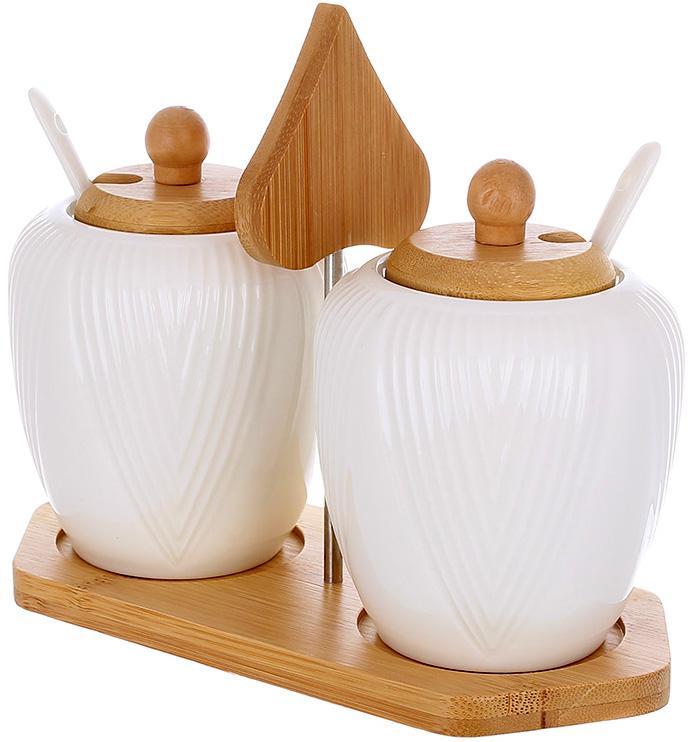 Банки на дерев'яній підставці з ложками 2 шт BonaDi 320 мл Білий DP229698 z118-2024 (ID ...