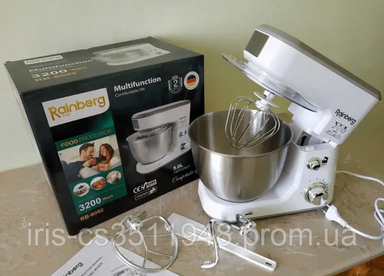 Кухонний комбайн тістоміс для дому Міксер із чашею на 5 літрів rainberg rb-8082 3200 вт ...