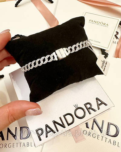 Срібний Браслет Пандора "Кубинське плеіння з паве" Pandora, браслет на руку Пандора з камінцями ...