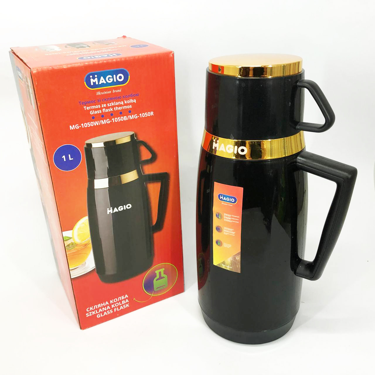 Термос Magio MG-1050B со стеклянной колбой, Питьевой термос, Термос для кофе. Цвет: черный (ID ...