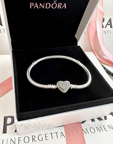 Срібний Браслет Пандора "Серце з гравіюванням" Pandora, Ланцюжковий браслет на руку Пандора 925 ...