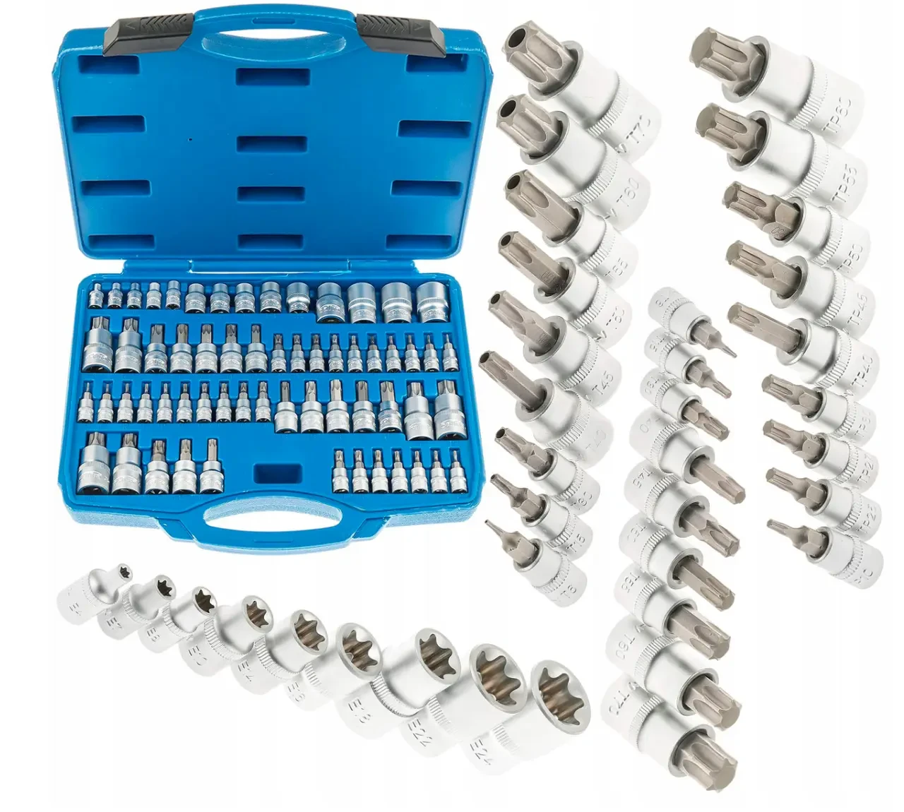 Набір головок TORX + біти в головці TORX/E-TORX/TORX PLUS (1/4/, 3/8, 1/2) 60 од. Vorfal V08065 ...