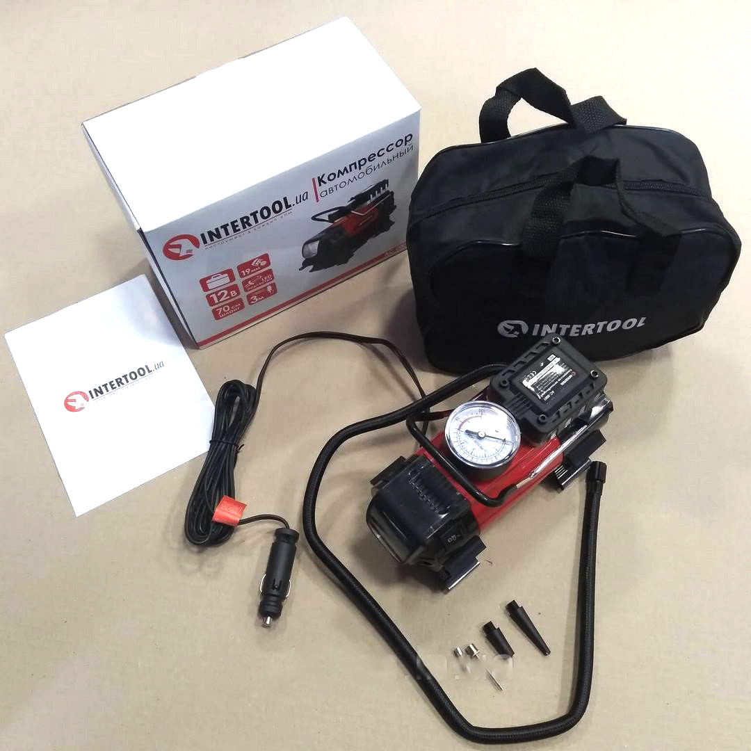 Автокомпресор 12 вольтів, Насос компресор, Насос автомобільний з манометром (20 л/хв) INTERTOOL ...
