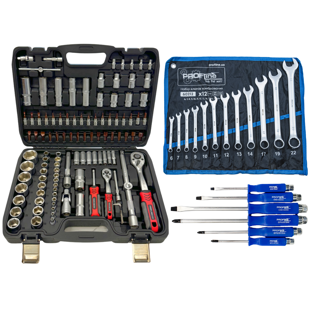 Набор инструментов PROFLINE 3в1 (Набор PROFLINE 108 ед+набор ключей 12 ед+ударные отвертки 6 ед ...