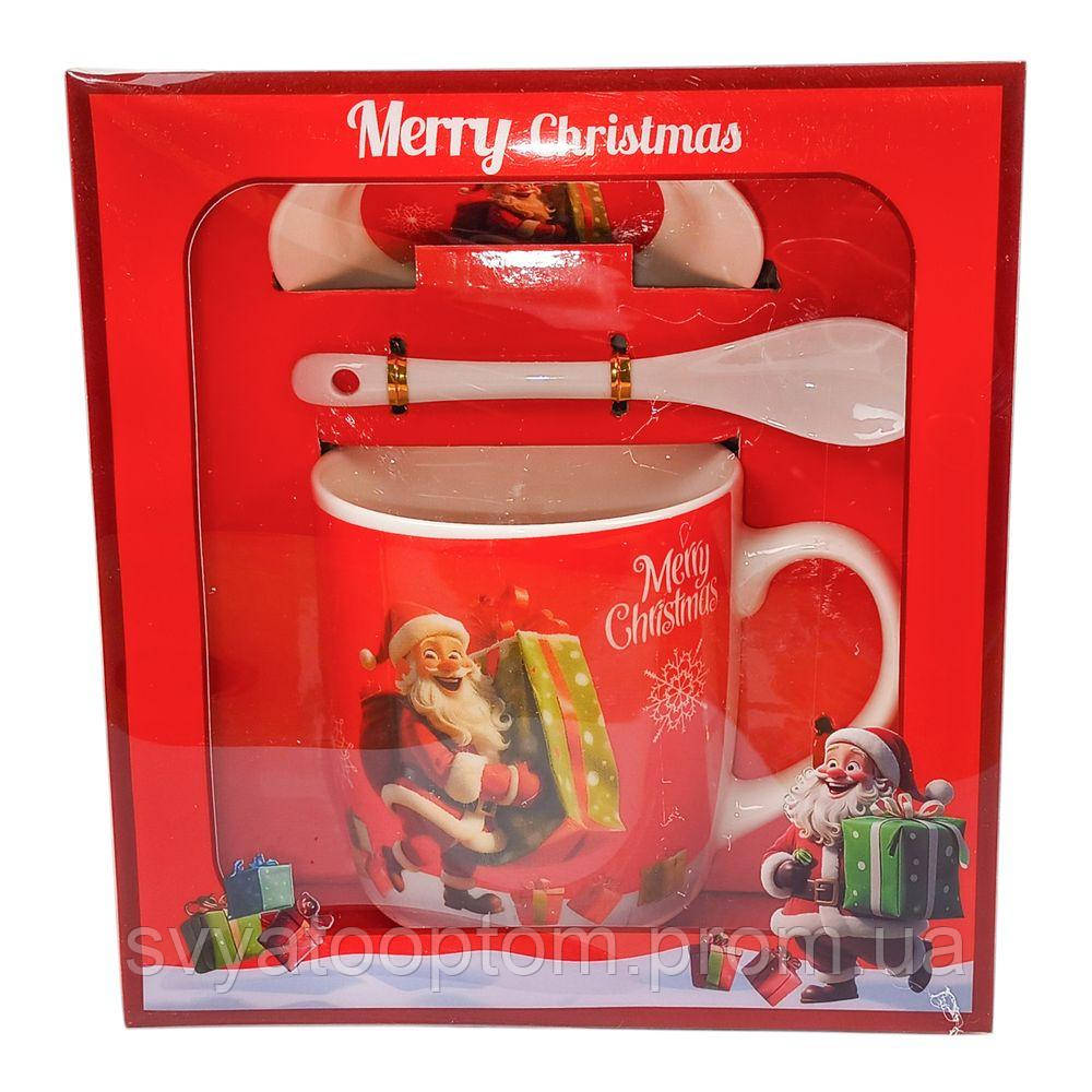 Чашка керамічна 350мл "Санта Клаус з подарунком" із блюдцем,ложкою у ...