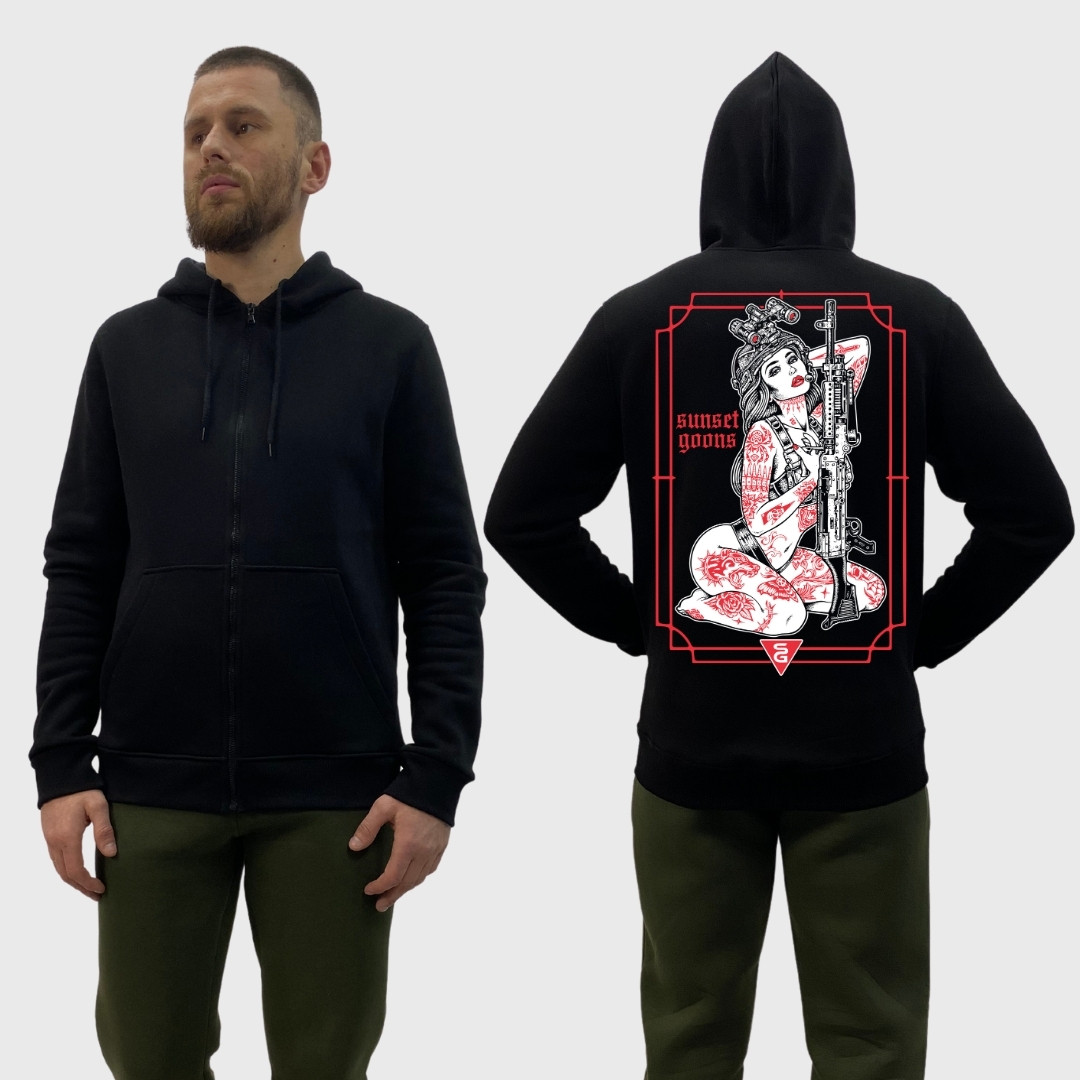 Мужское Зип-Худи на флисе с принтом Девушка с винтовкой и красными тату ...