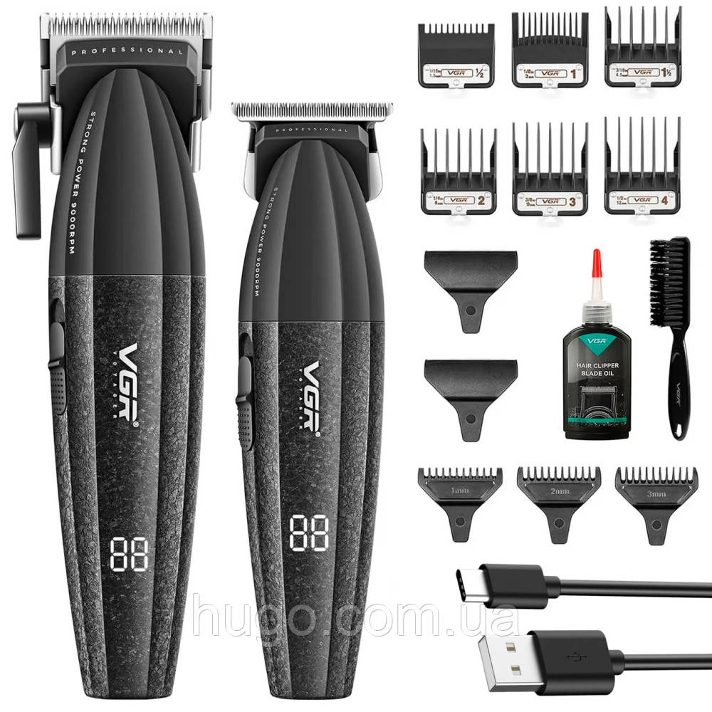 Набор для стрижки 2в1 (9 насадок) от USB, VGR V-640, Черный / Аккумуляторная машинка для стрижки ...