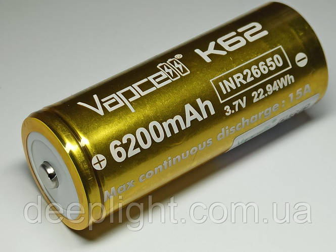 Високоємний INR акумулятор 26650 Vapcell K62 6200 mAh, 3.7В, Li-ion, без захисту, 15А (25А). (ID ...