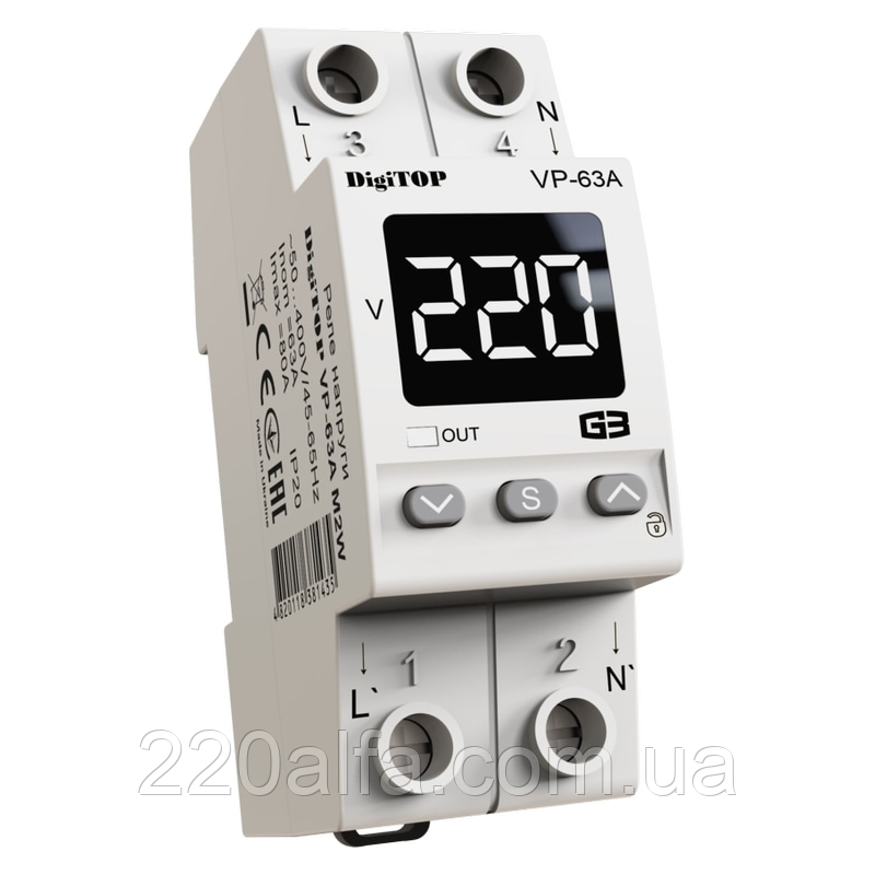 Реле напруги DigiTOP VP-63A M2W, реле контролю та захисту, бар'єр 63А з термозахистом на 2 ...