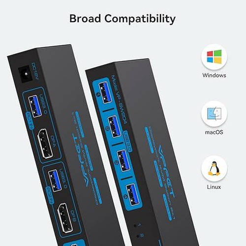 KVM-перемикач VPFET Displayport 2x1 8K USB 3.0 для двох ПК та одного монітора з 4 USB-портами ...