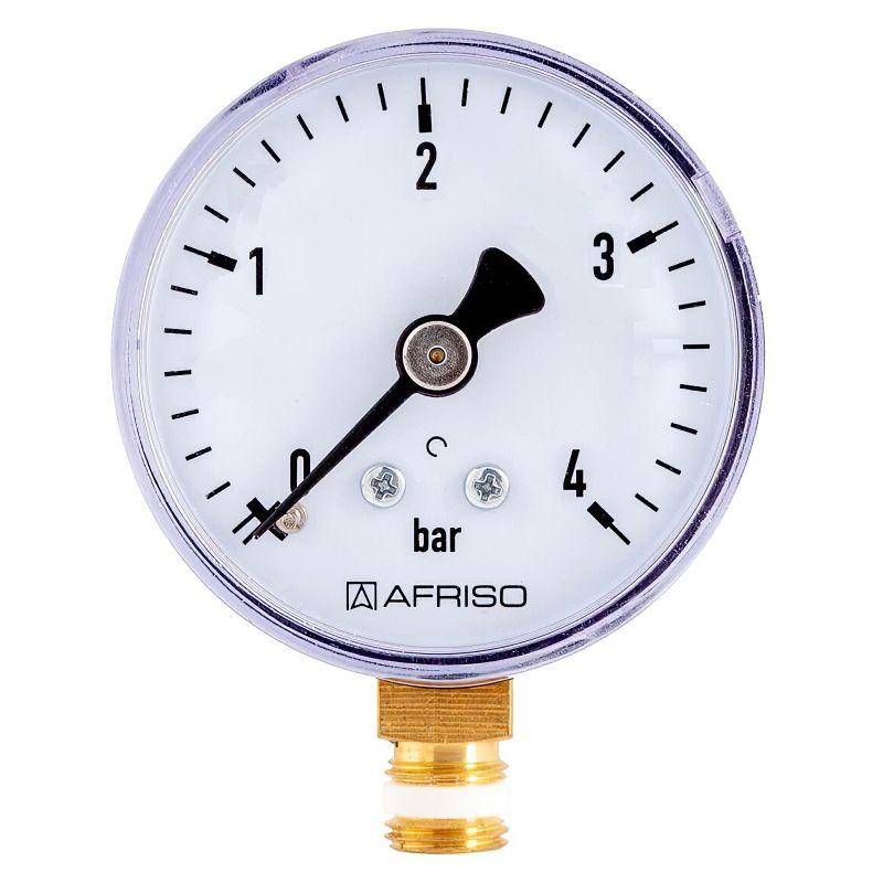 Манометр для тиску води AFRISO RF на 4 бари з нижнім підключенням 1/4" Ø63 мм 63512 (ID ...