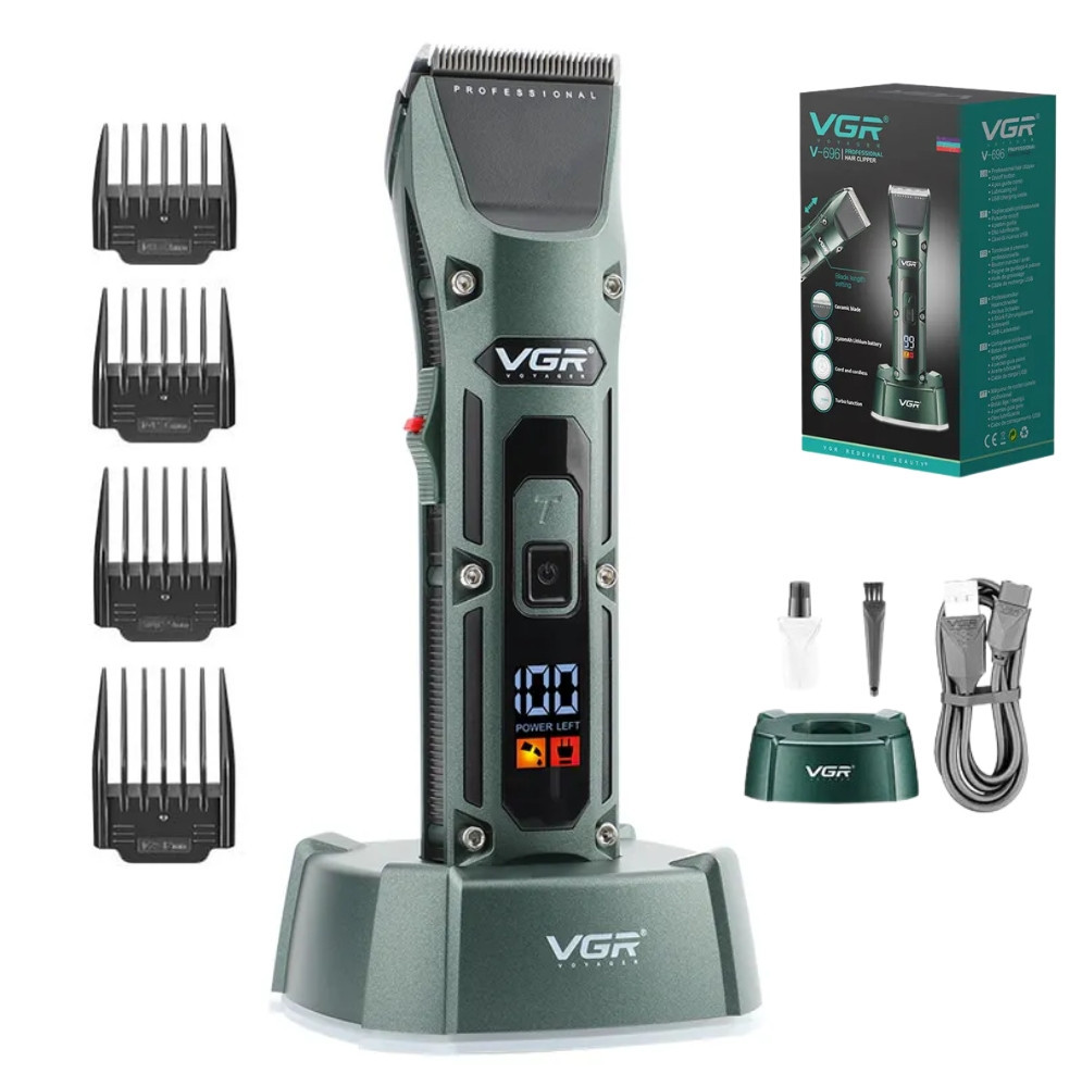 Професійна Бездротова машинка для стрижки волосся 4 насадки та підставка VGR V696 акумуляторна з ...
