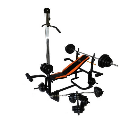 Скамья Для Жима универсальная WCG 0020 с Тягой и партой Скотта + Набор штанга и гантели на 128 ...